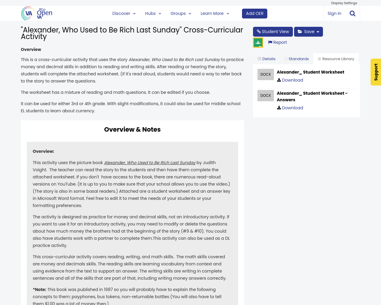 "Alexander, Who Used to Be Rich Last Sunday" Cross-Curricular Activity ...