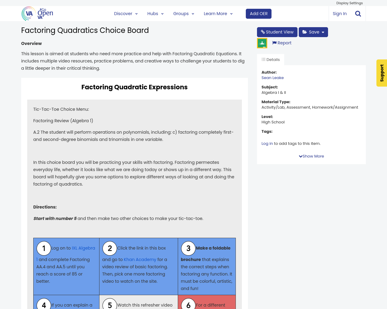 Factoring Quadratics Choice Board | #GoOpenVA
