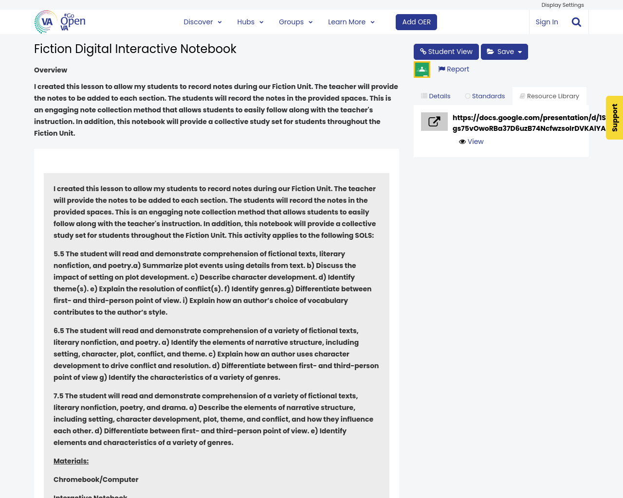 Fiction Digital Interactive Notebook | #GoOpenVA