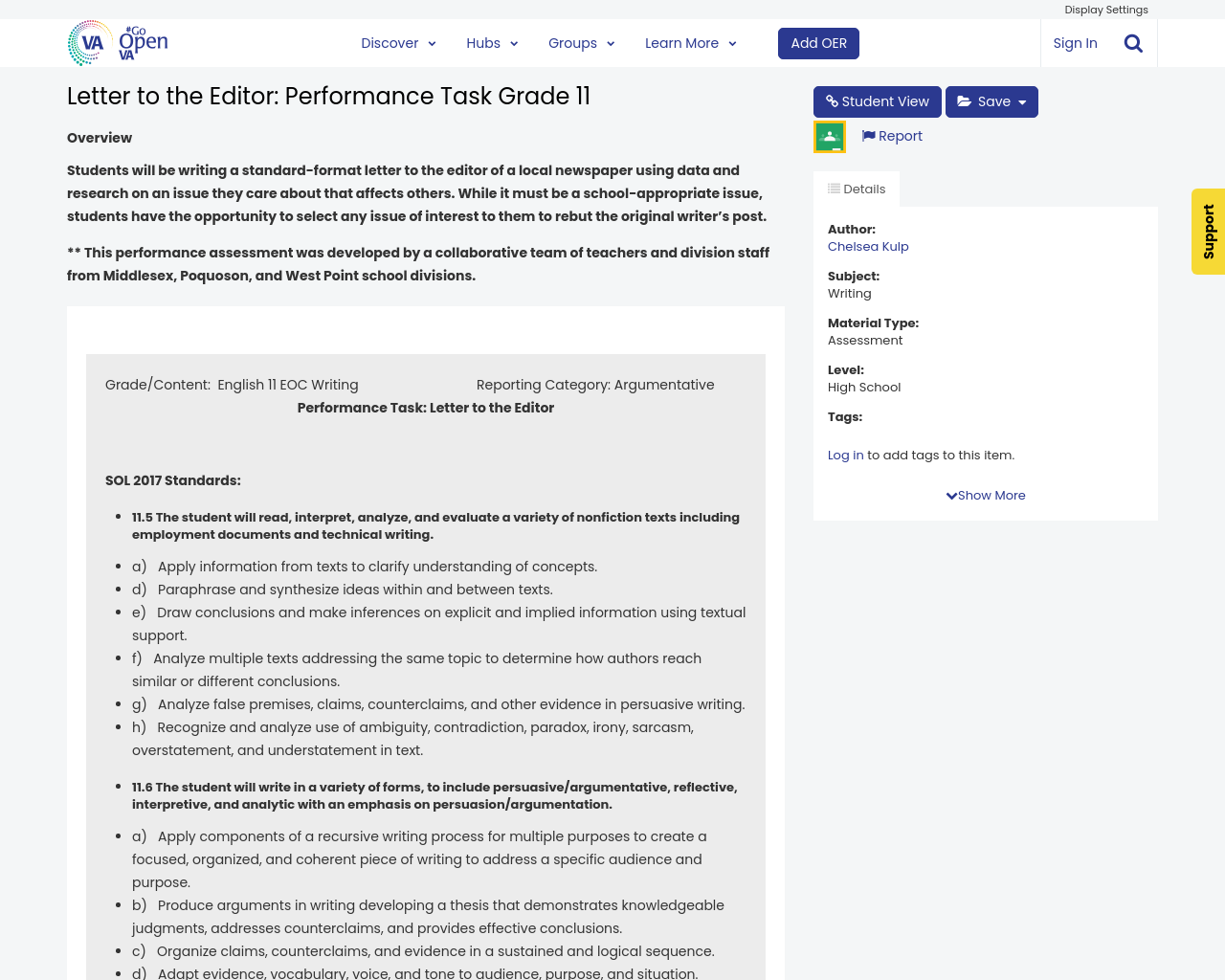 Letter to the Editor: Performance Task Grade 11 | #GoOpenVA