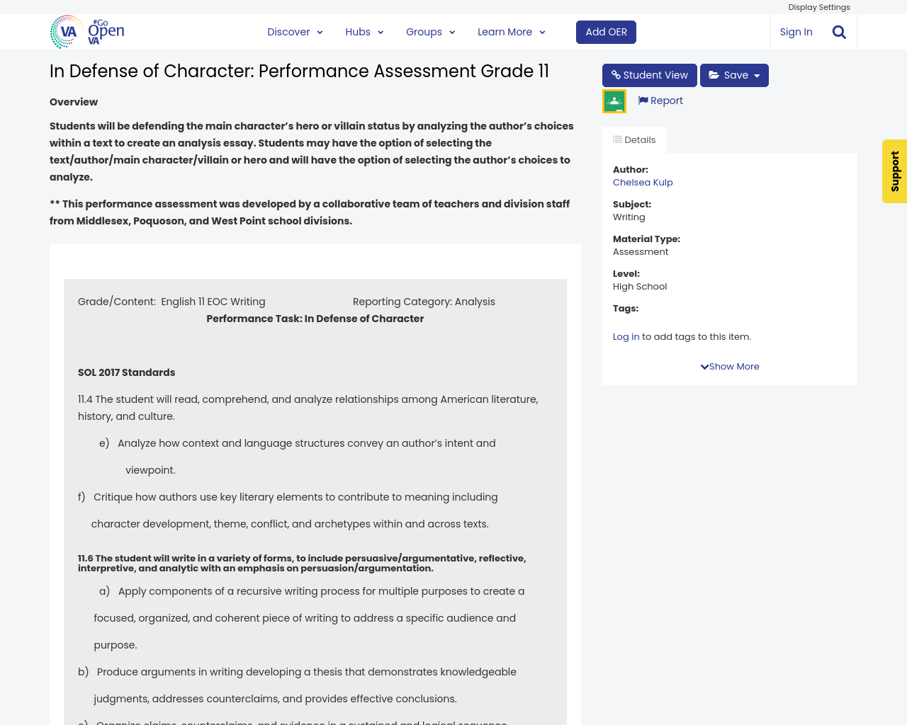 In Defense of Character: Performance Assessment Grade 11 | #GoOpenVA