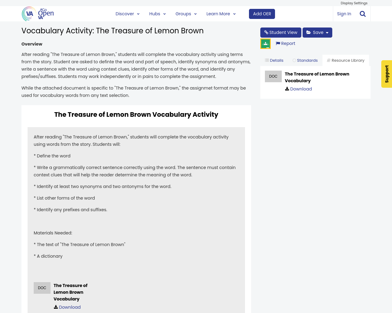 Vocabulary Activity: The Treasure of Lemon Brown | #GoOpenVA