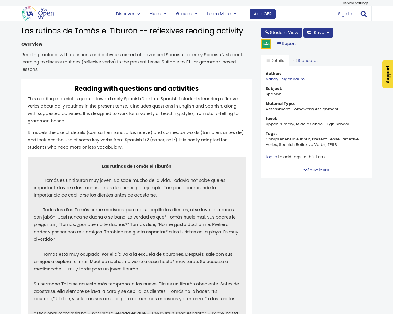 Las rutinas de Tomás el Tiburón -- reflexives reading activity | #GoOpenVA
