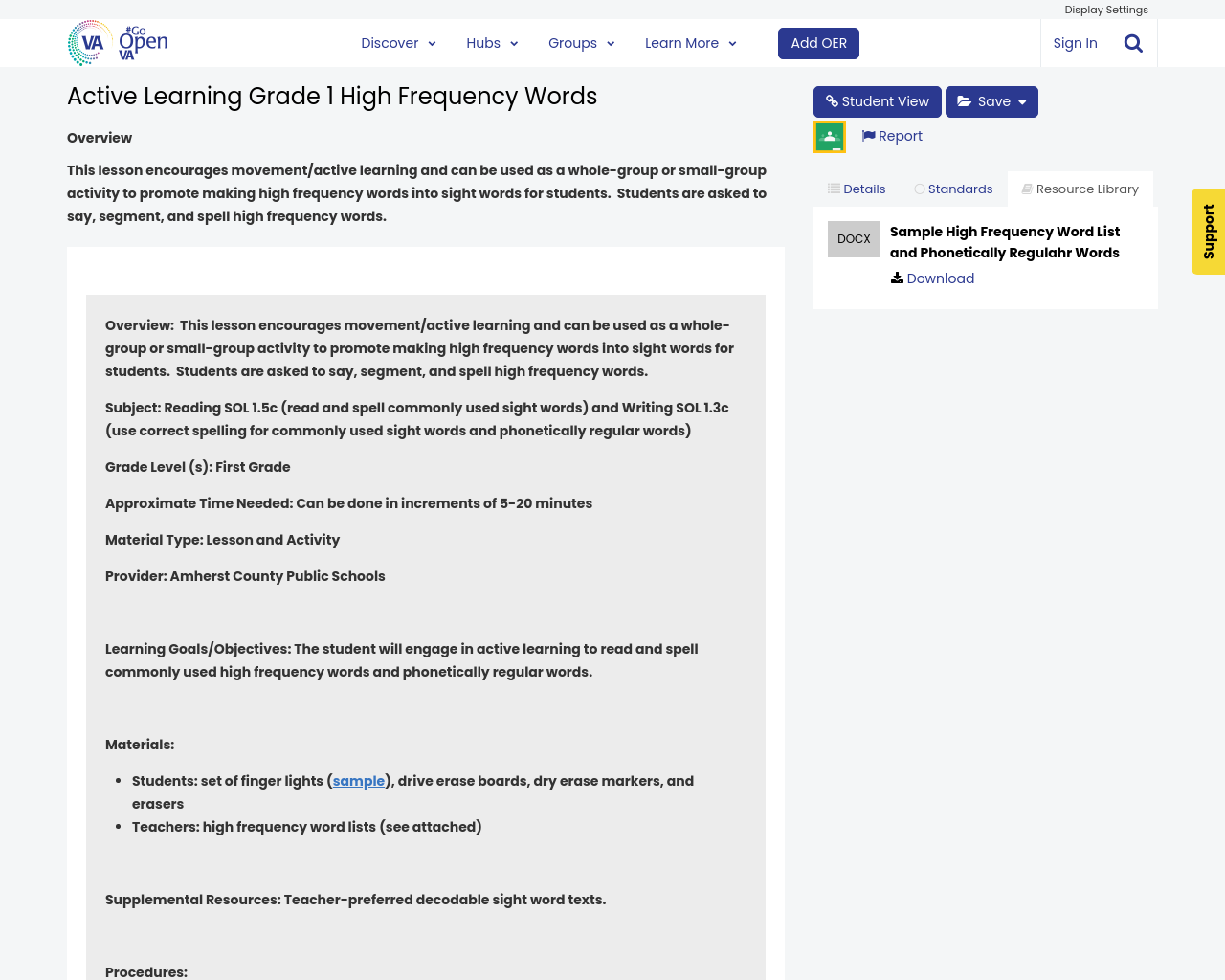 Active Learning Grade 1 High Frequency Words | #GoOpenVA