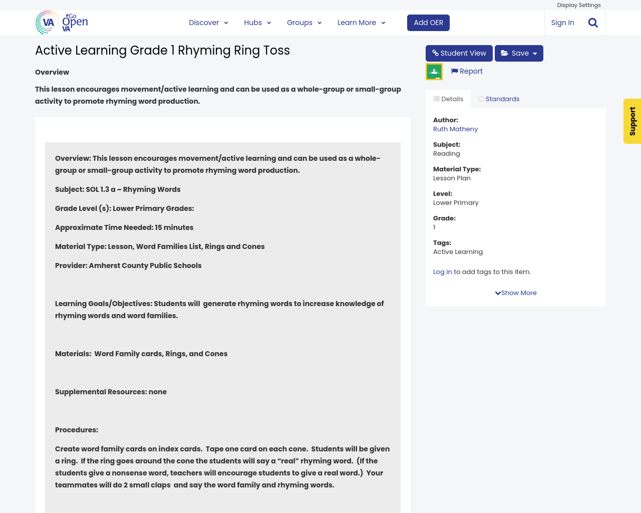 Active Learning Grade 1 Rhyming Ring Toss | #GoOpenVA