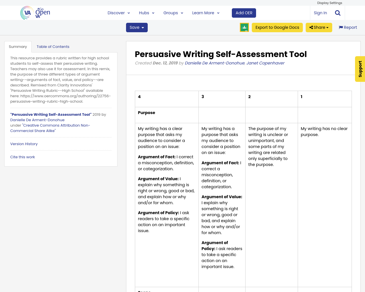 Persuasive Writing Self Assessment Tool GoOpenVA