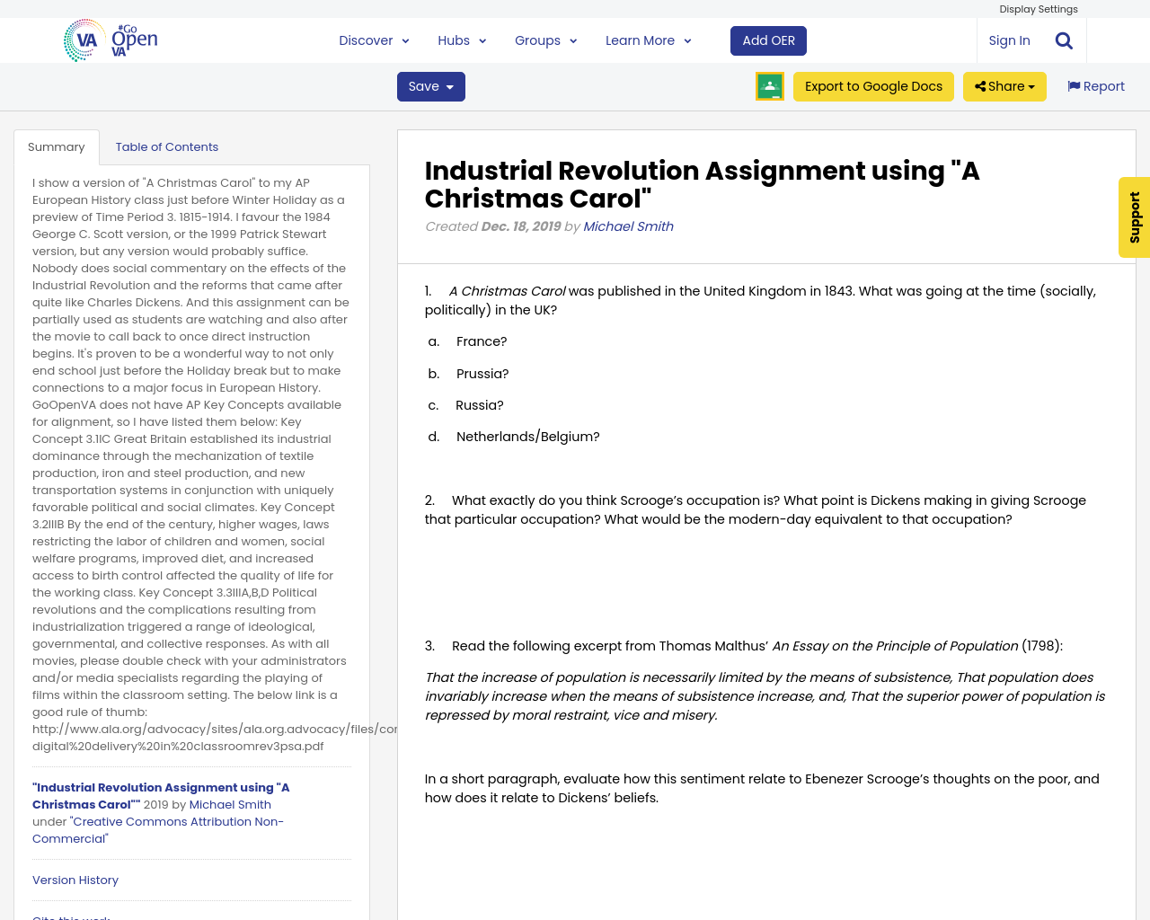 Industrial Revolution Assignment using "A Christmas Carol" | #GoOpenVA