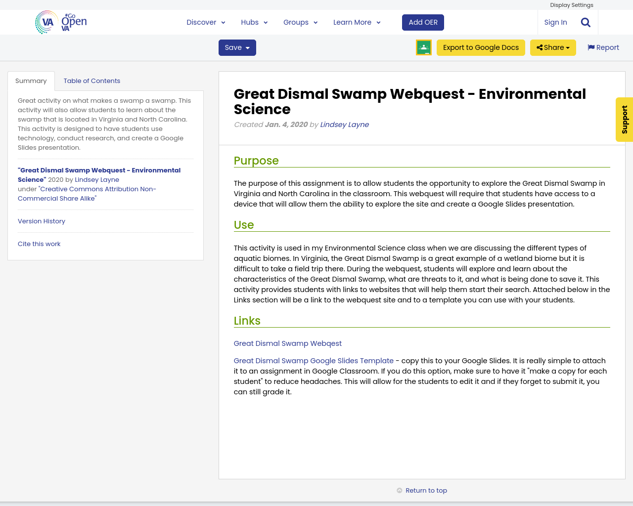 Great Dismal Swamp Webquest - Environmental Science | #GoOpenVA