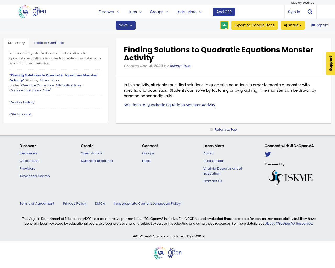 Finding Solutions to Quadratic Equations Monster Activity | #GoOpenVA Finding Solutions to Quadratic Equations Monster Activity | #GoOpenVA