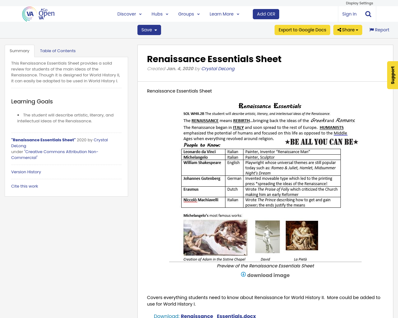 Renaissance Essentials Sheet | #GoOpenVA