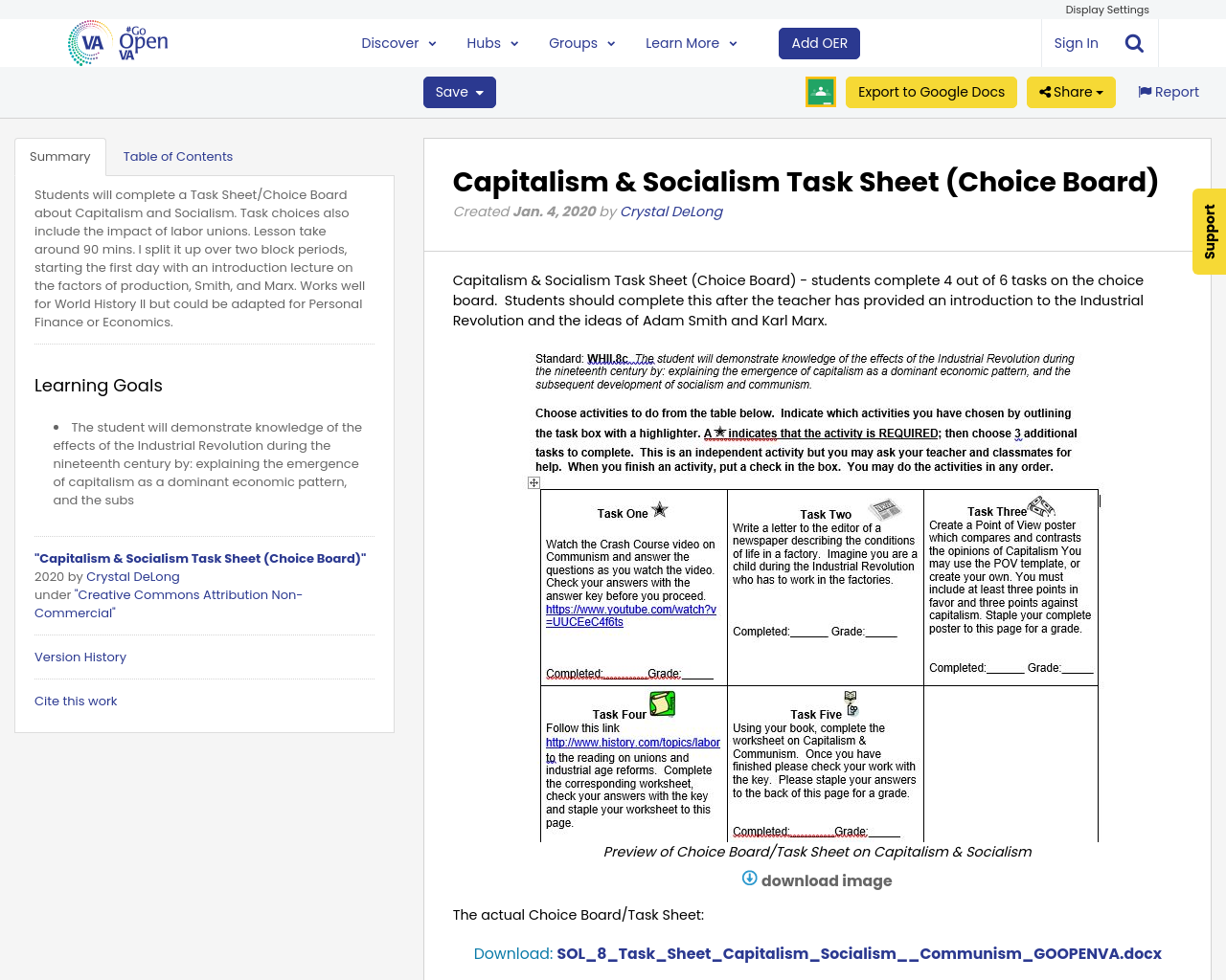 Capitalism & Socialism Task Sheet (Choice Board) | #GoOpenVA