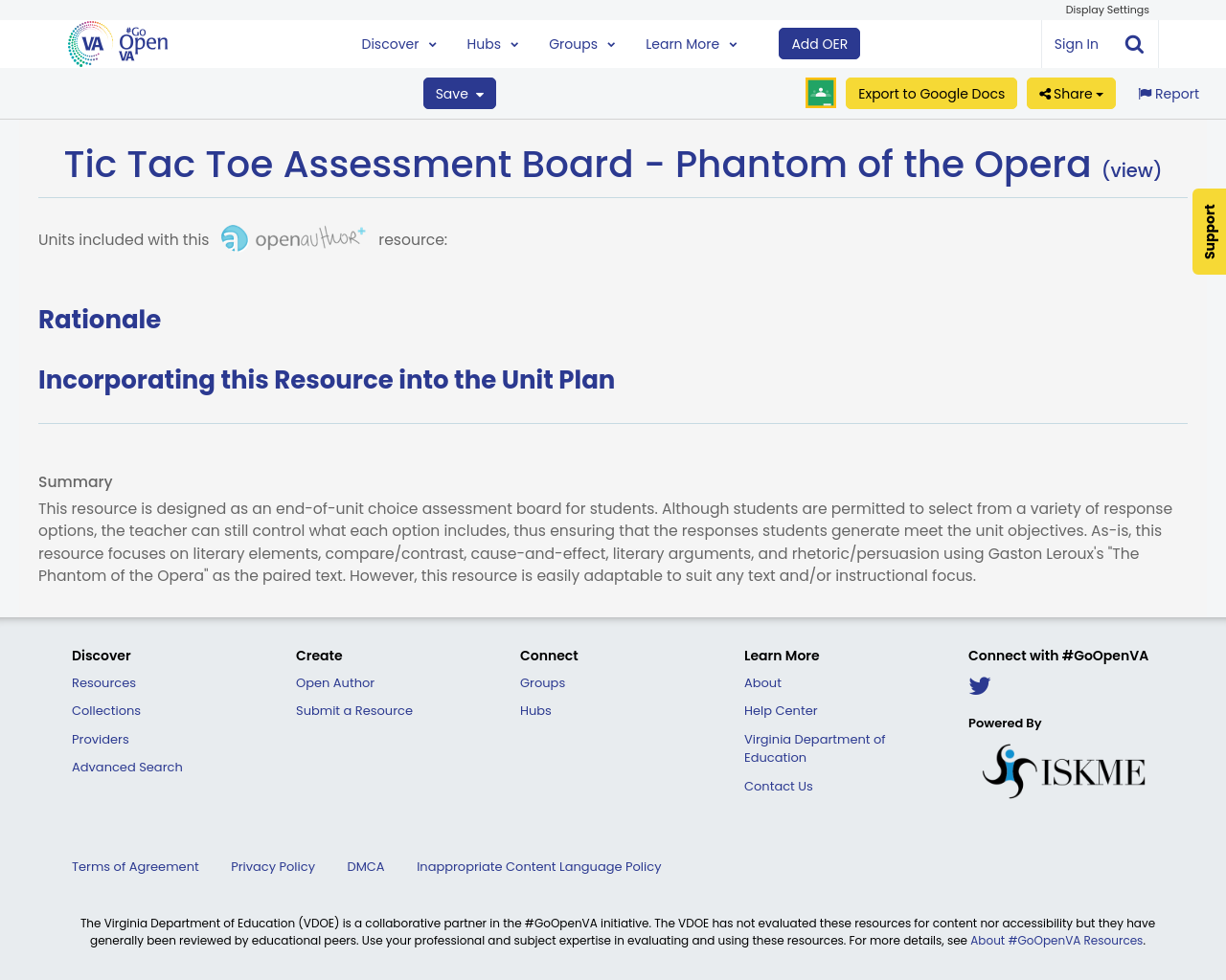 Tic Tac Toe Assessment Board - Phantom of the Opera | #GoOpenVA