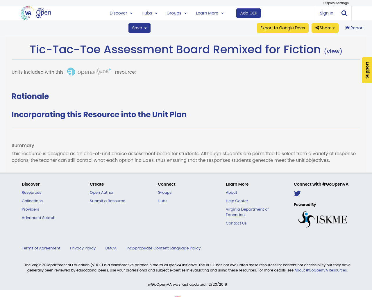 Tic-Tac-Toe Assessment Board Remixed for Fiction | #GoOpenVA