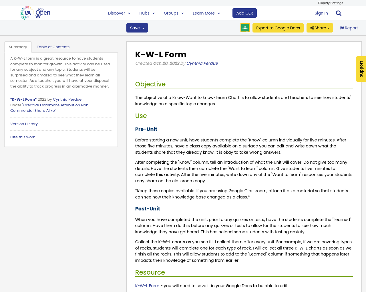 K-W-L Form | #GoOpenVA