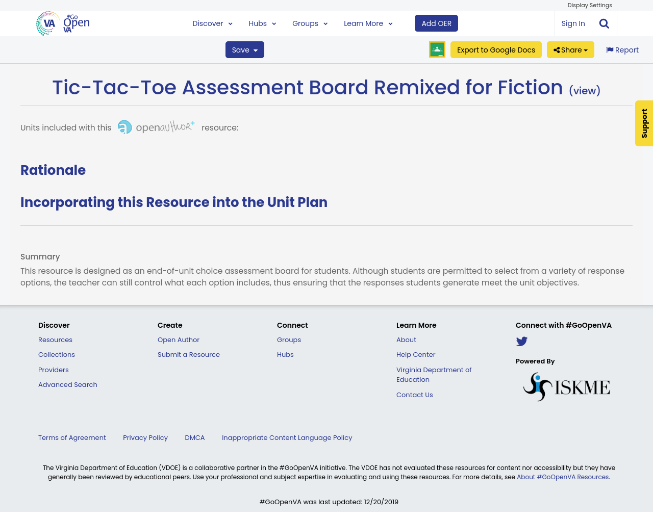 Tic-Tac-Toe Assessment Board Remixed for Fiction | #GoOpenVA